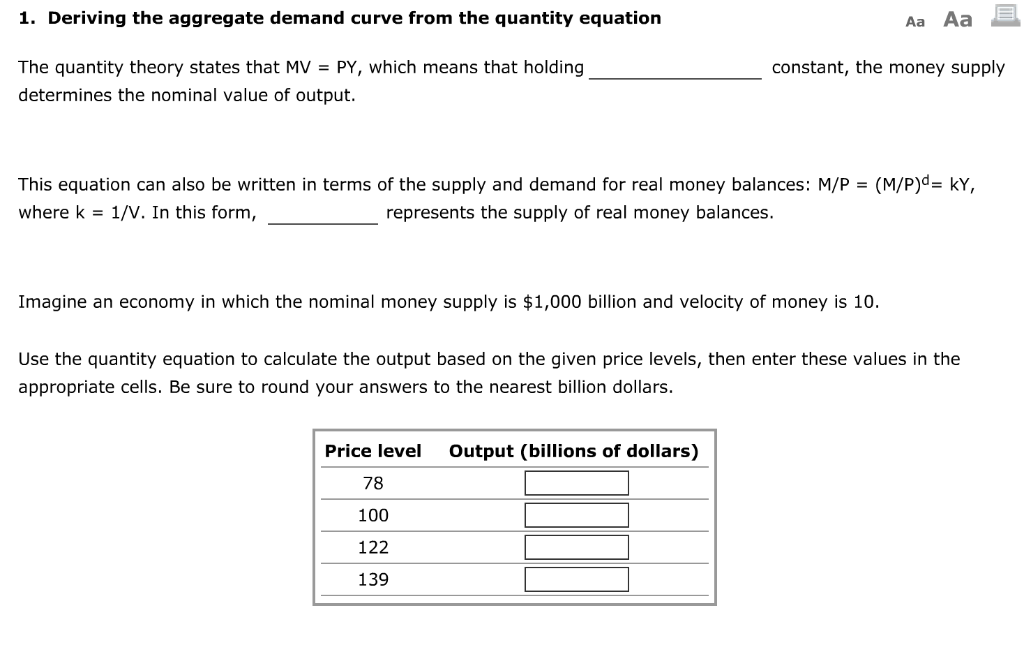 Solved 1. Deriving the aggregate demand curve from the | Chegg.com