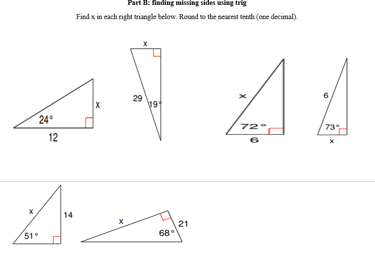 Solved Part B: finding missing sides using trig Find x in | Chegg.com