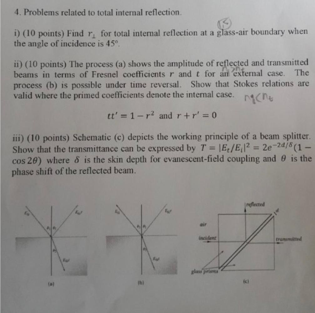 Solved 4. Problems related to total internal reflection i) | Chegg.com