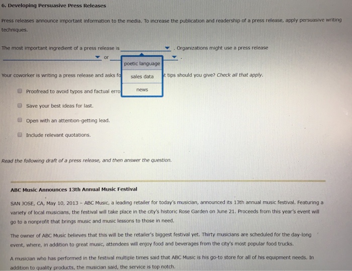Solved 6. Developing Persuasive Press Releases Press | Chegg.com