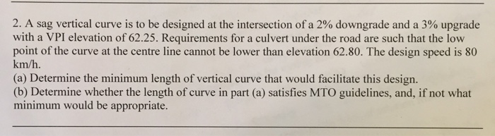 Solved A sag vertical curve is to be designed at the | Chegg.com