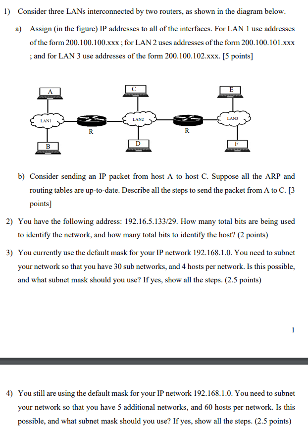 Solved 1) Consider three LANs interconnected by two routers, | Chegg.com