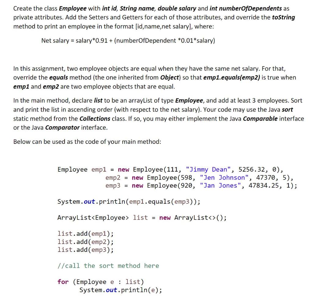 Solved Create the class Employee with int id, String name, | Chegg.com