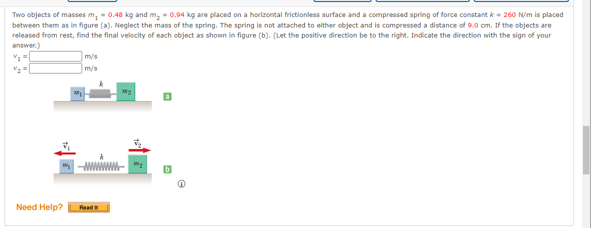 Solved Two objects of masses m1=0.48 kg and m2=0.94 kg are | Chegg.com