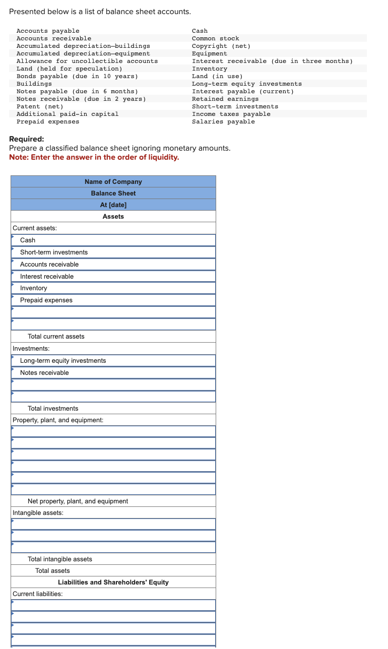 Solved Presented below is a list of balance sheet accounts. | Chegg.com
