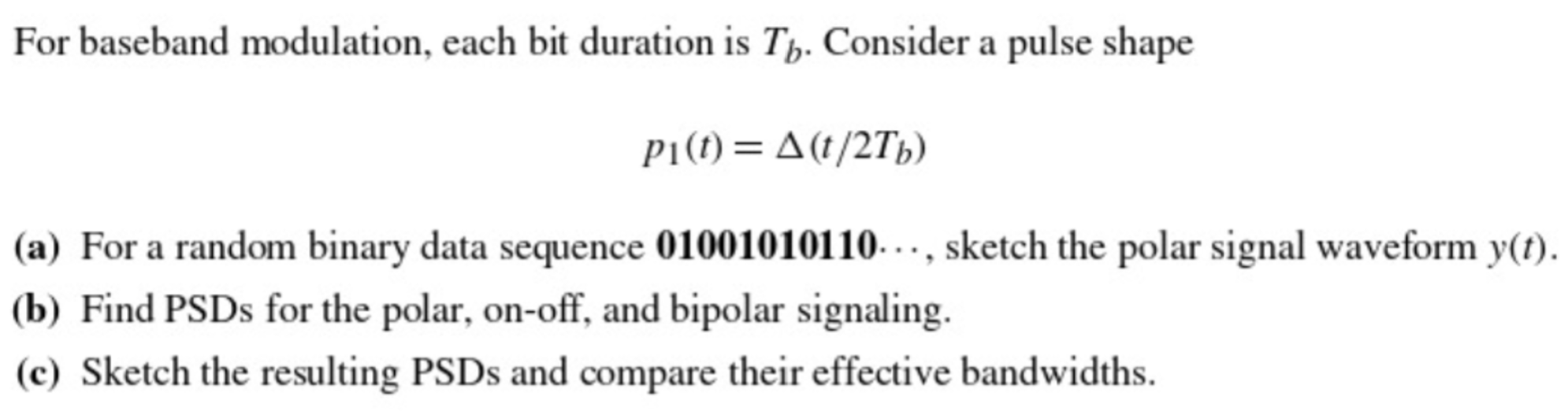 Solved For baseband modulation, each bit duration is Tb. | Chegg.com