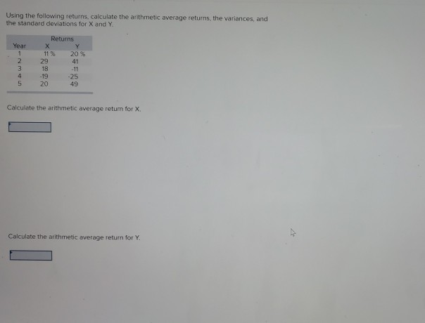 Solved Using the following returns, calculate the arithmetic | Chegg.com