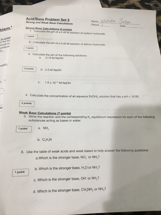 Solved Acid/Base Problem Set 3 Strong and Weak Base | Chegg.com
