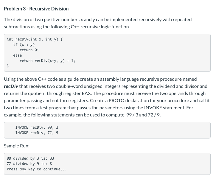 Problem 3 - Recursive Division The division of two | Chegg.com