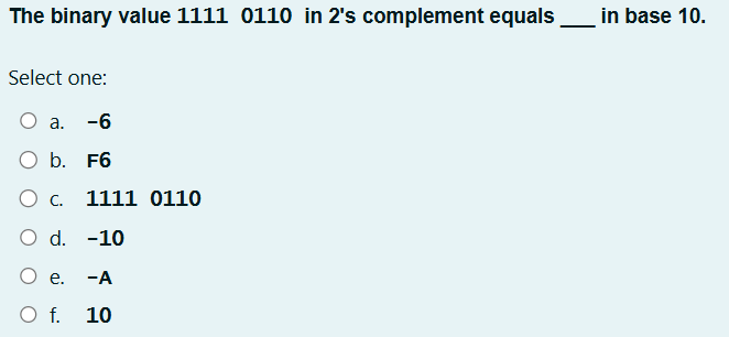 Solved The Binary Value 11110110 ﻿in 2s Complement Equals
