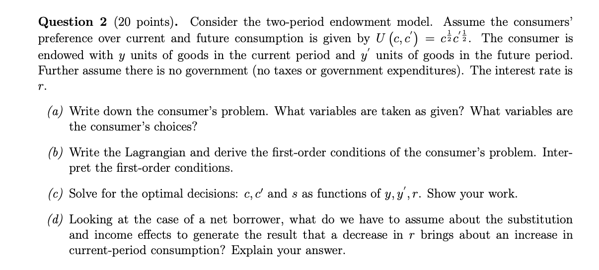 Solved Question 2 (20 points). Consider the two-period | Chegg.com Solved Question 2 (20 points). Consider the two-period | Chegg.com