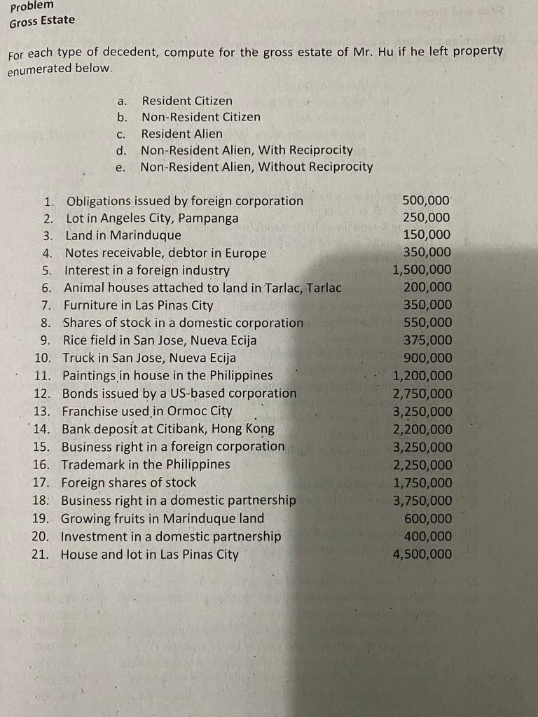 Solved problem Gross Estate For each type of decedent, | Chegg.com