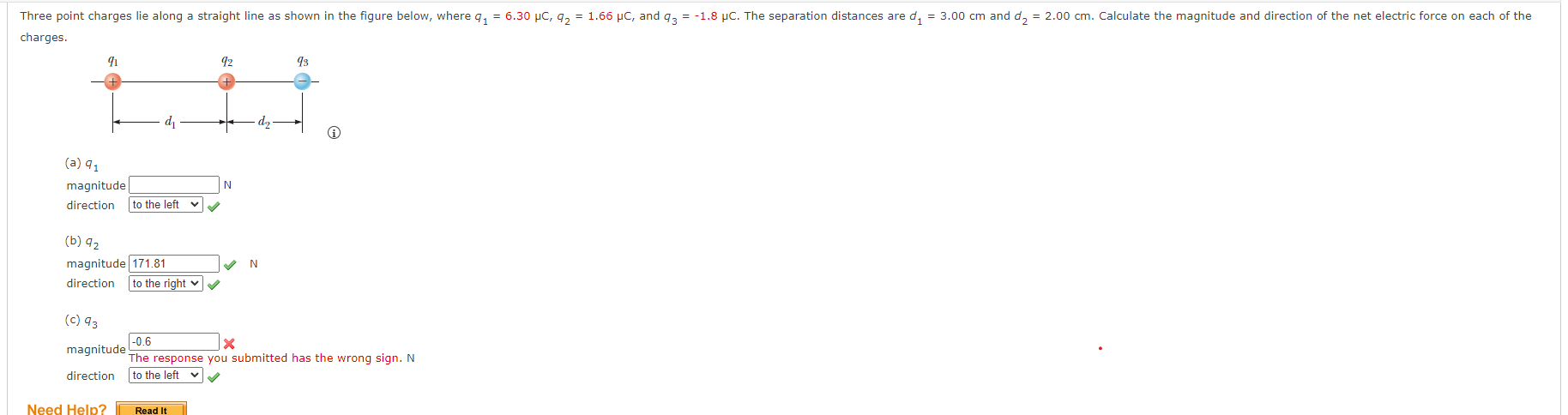 Solved charges. (a) q1 magnitude direction (b) q2 magnitude | Chegg.com