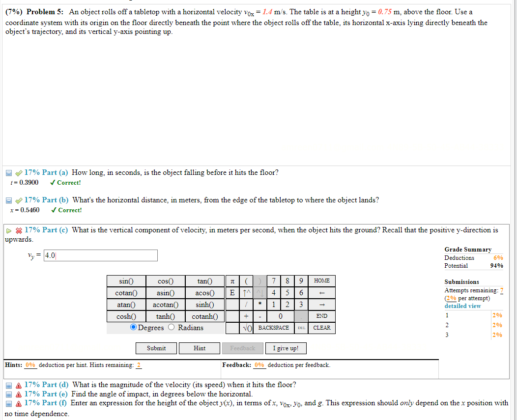 Solved (7\%) Problem 5: An object rolls off a tabletop with | Chegg.com