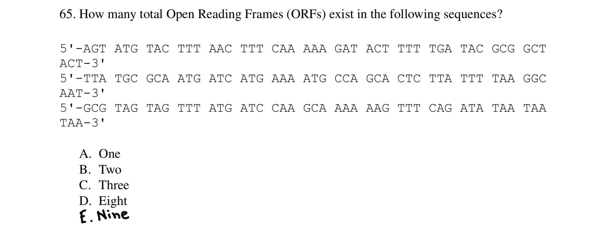Solved 65. How many total Open Reading Frames (ORFs) exist | Chegg.com