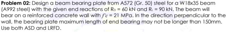 Solved Problem 02: Design a beam bearing plate from A572 | Chegg.com