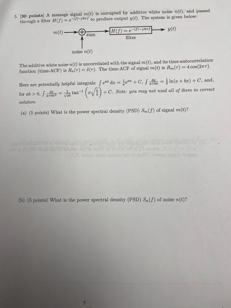 Solved 5. [30 points] A message signal m(t) is corrupted by | Chegg.com