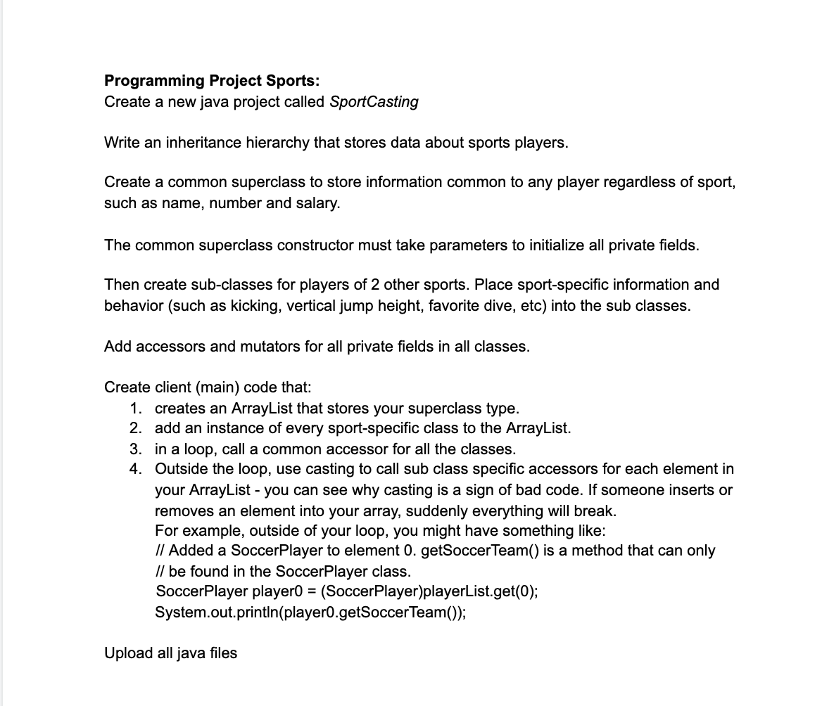 Solved Programming Project Sports: Create a new java project | Chegg.com