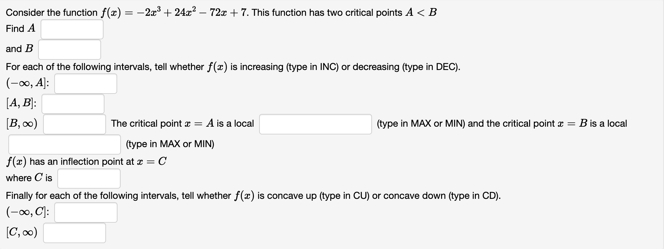 Solved Consider the function f(x)=−2x3+24x2−72x+7. This | Chegg.com