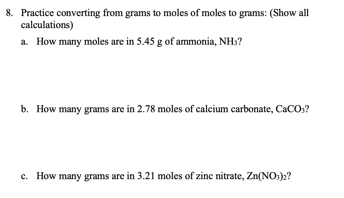 Solved Practice converting from grams to moles of moles to | Chegg.com