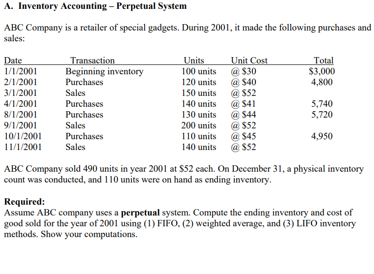 Solved A. Inventory Accounting - Perpetual System ABC | Chegg.com