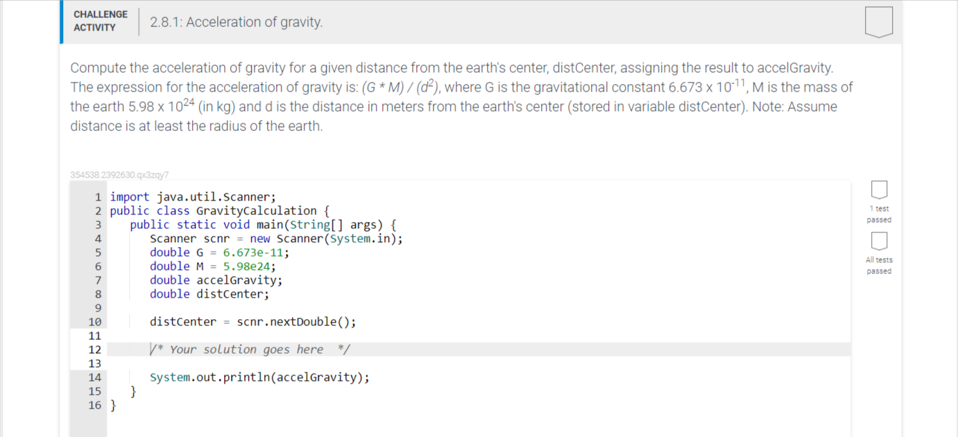 Solved CHALLENGE ACTIVITY 2.8.1: Acceleration of gravity. | Chegg.com