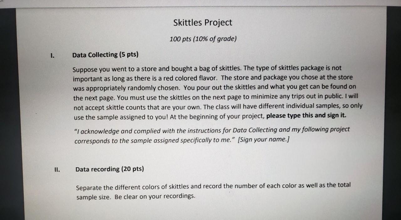 Skittles Project 100 pts (10% of grade) 1. Data | Chegg.com