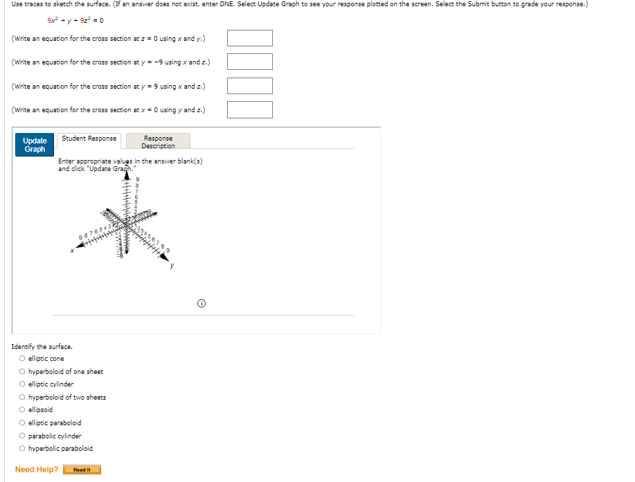 Solved 9x2+y+9z2=0 (Write an equation for the cross section | Chegg.com