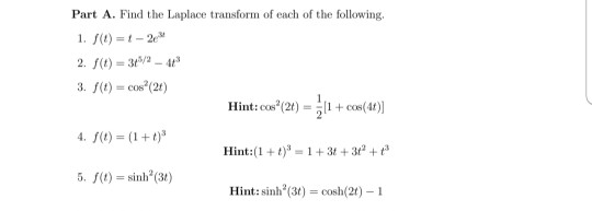 Solved Part A. Find the Laplace transform of each of the | Chegg.com