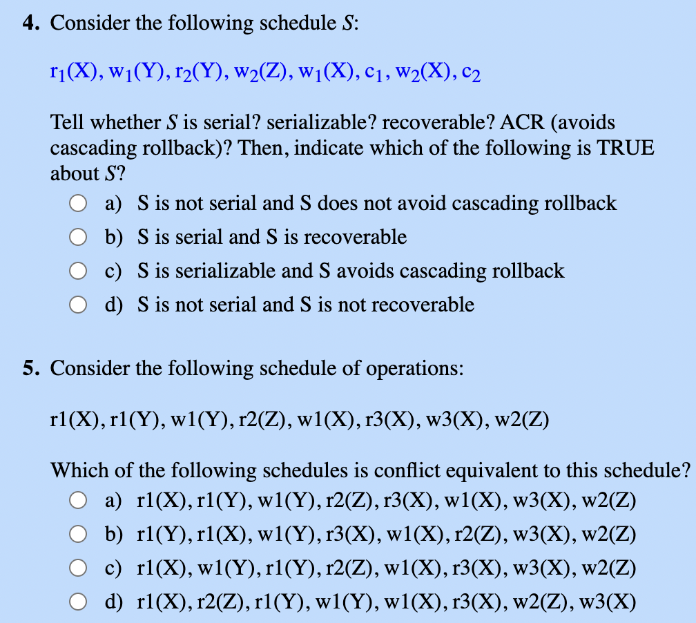 Solved 4. Consider the following schedule S : | Chegg.com