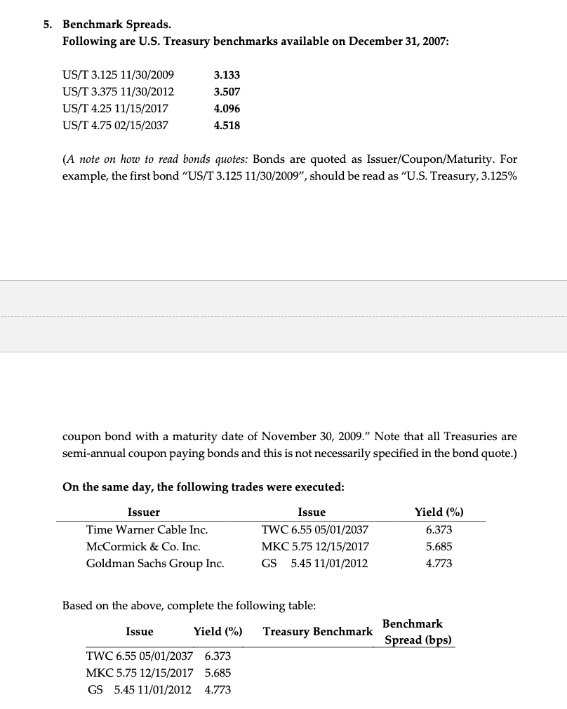 Solved 5. Benchmark Spreads. Following are U.S. Treasury | Chegg.com