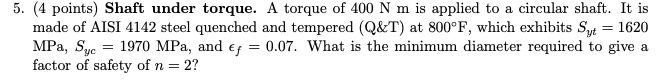 Solved 5. (4 points) Shaft under torque. A torque of 400 N m | Chegg.com