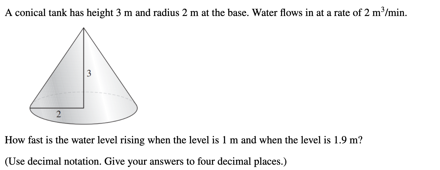 Solved A conical tank has height 3 m and radius 2 m at the | Chegg.com
