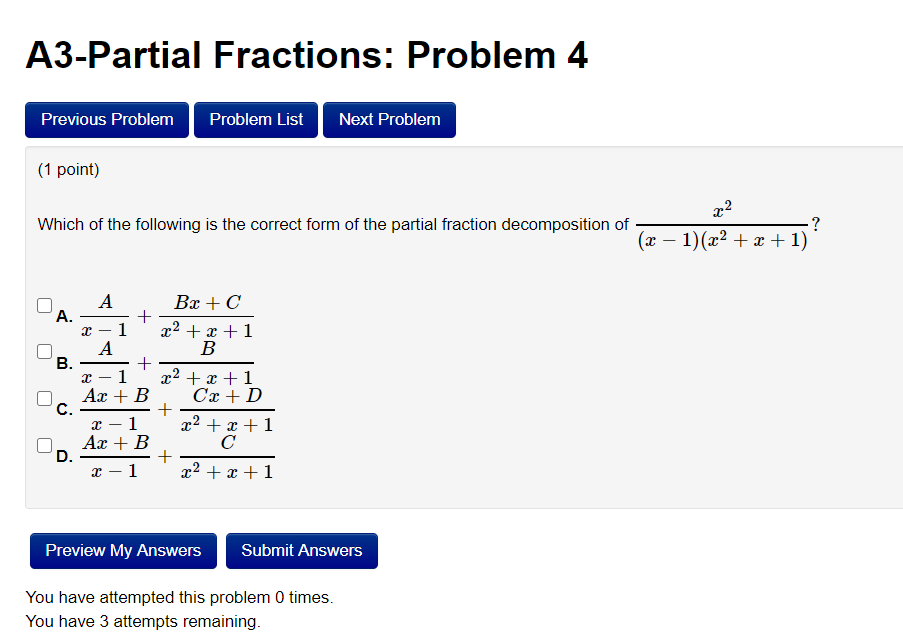 Solved A3-Partial Fractions: Problem 4 Previous Problem | Chegg.com
