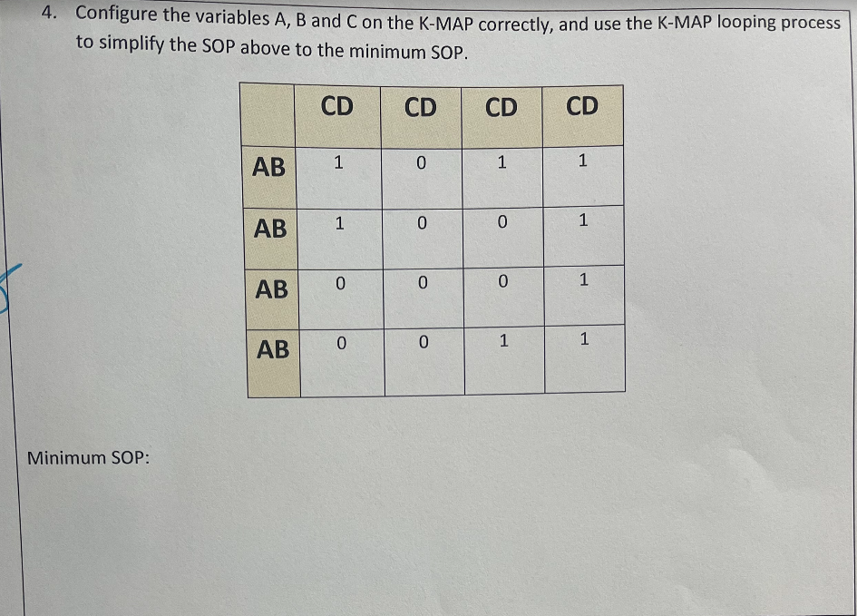 Solved 4. Configure the variables A, B and C on the K-MAP | Chegg.com