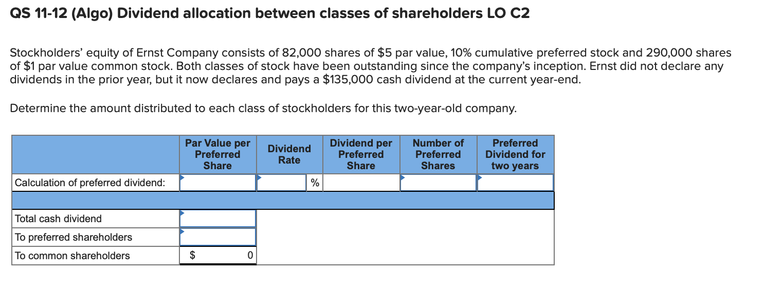 Solved QS 11-12 (Algo) Dividend allocation between classes | Chegg.com