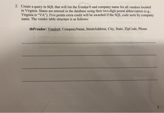 Solved 2. Create a query in SQL that will list the Vendor# | Chegg.com