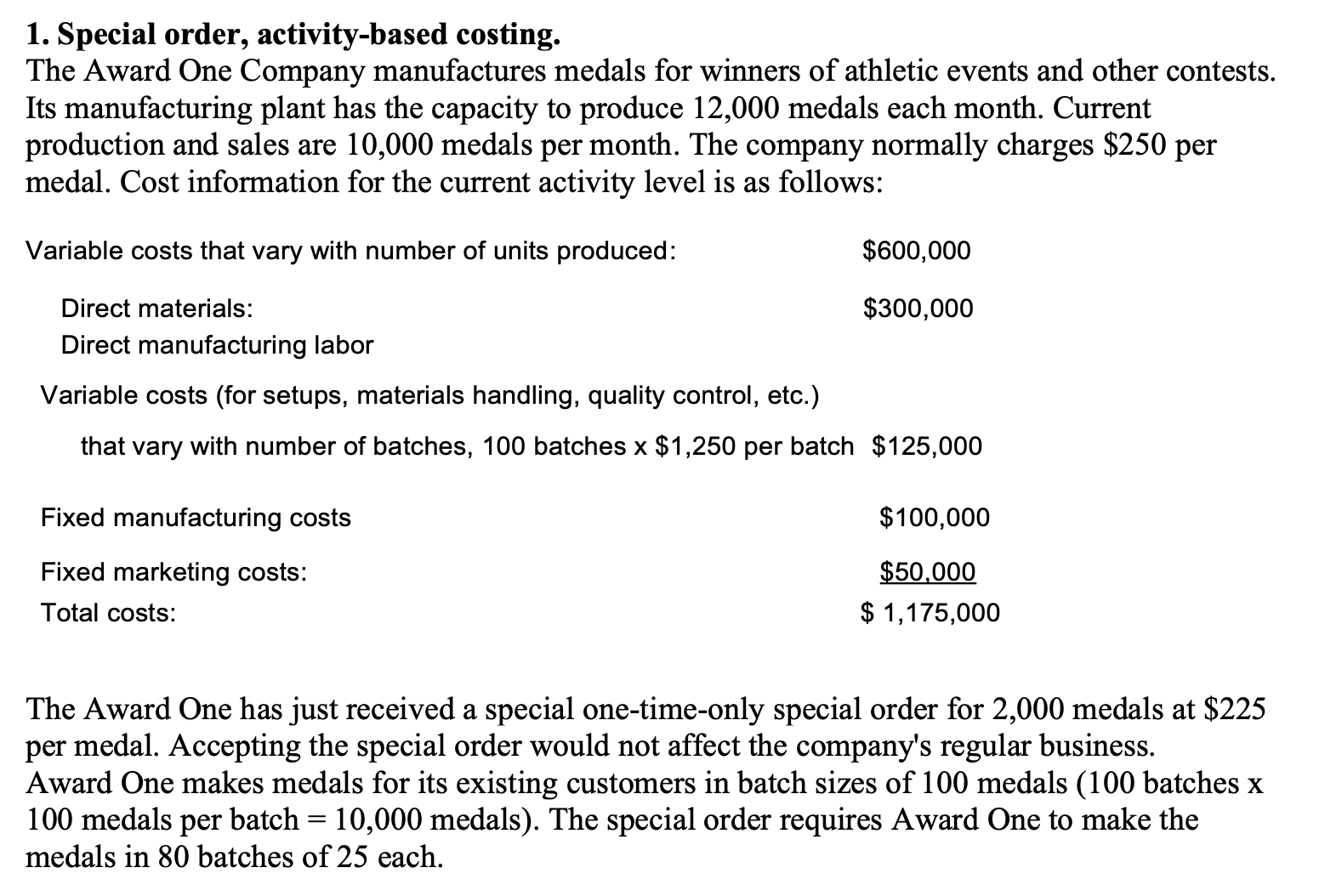 Solved 1. Special order, activity-based costing. The Award | Chegg.com