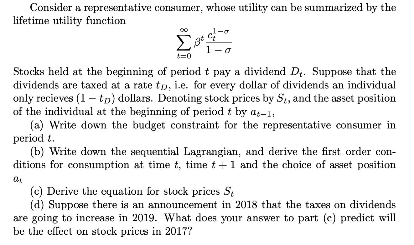 Solved Consider a representative consumer, whose utility can | Chegg.com