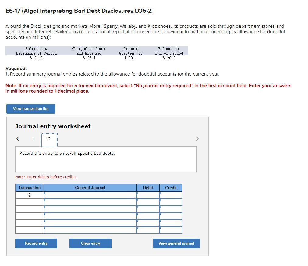 Solved E6-17 (Algo) Interpreting Bad Debt Disclosures LO6-2 | Chegg.com
