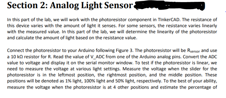 Solved Section 2: Analog Light Sensor In this part of the | Chegg.com