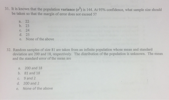 Solved 31 . It is known that the population variance (ơ2) is | Chegg.com