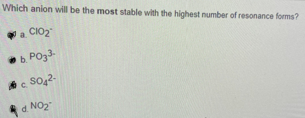 Solved Which anion will be the most stable with the highest | Chegg.com