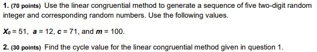 1. (70 points) Use the linear congruential method to | Chegg.com