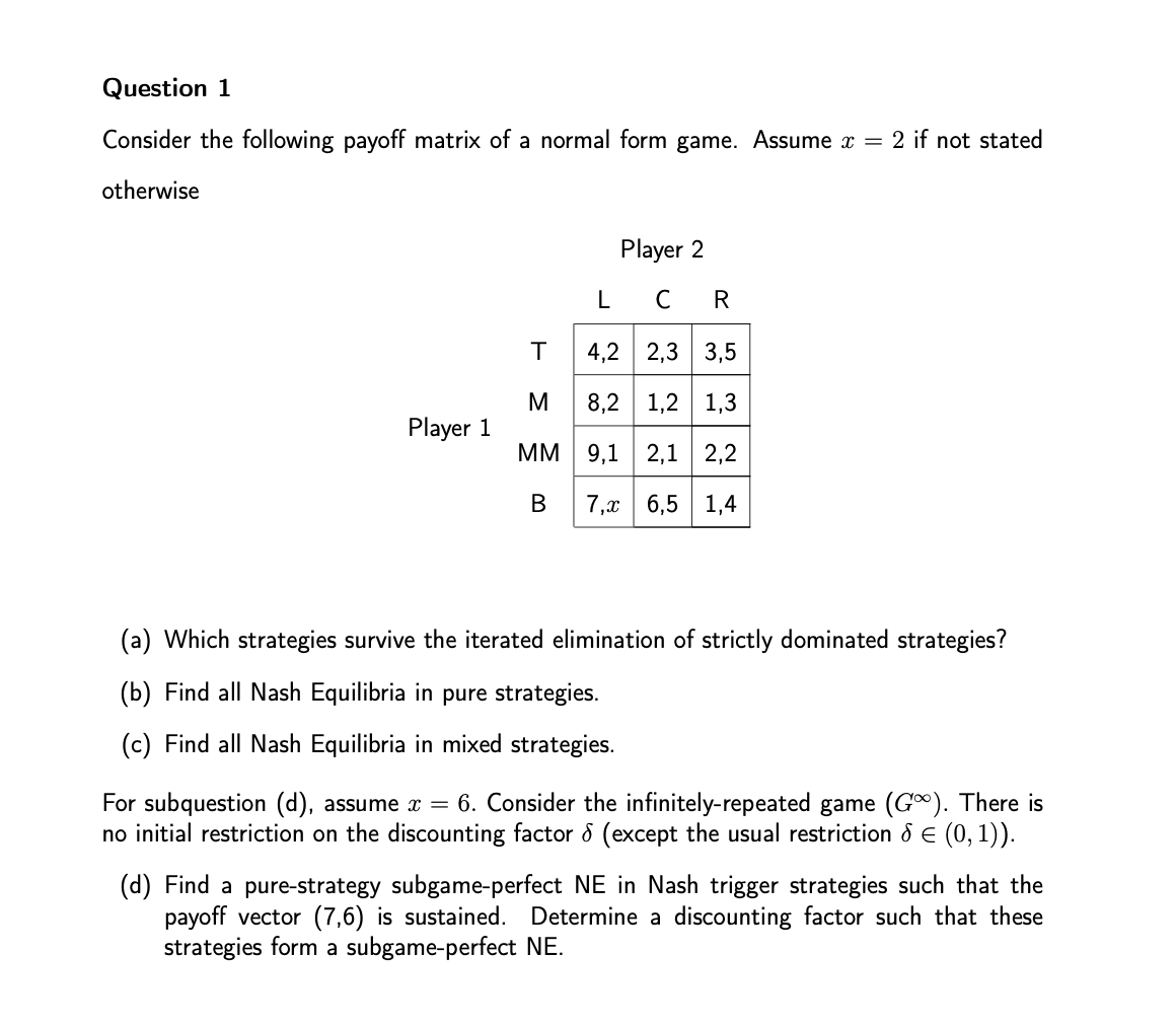 Solved Consider the following payoff matrix of a normal form | Chegg.com
