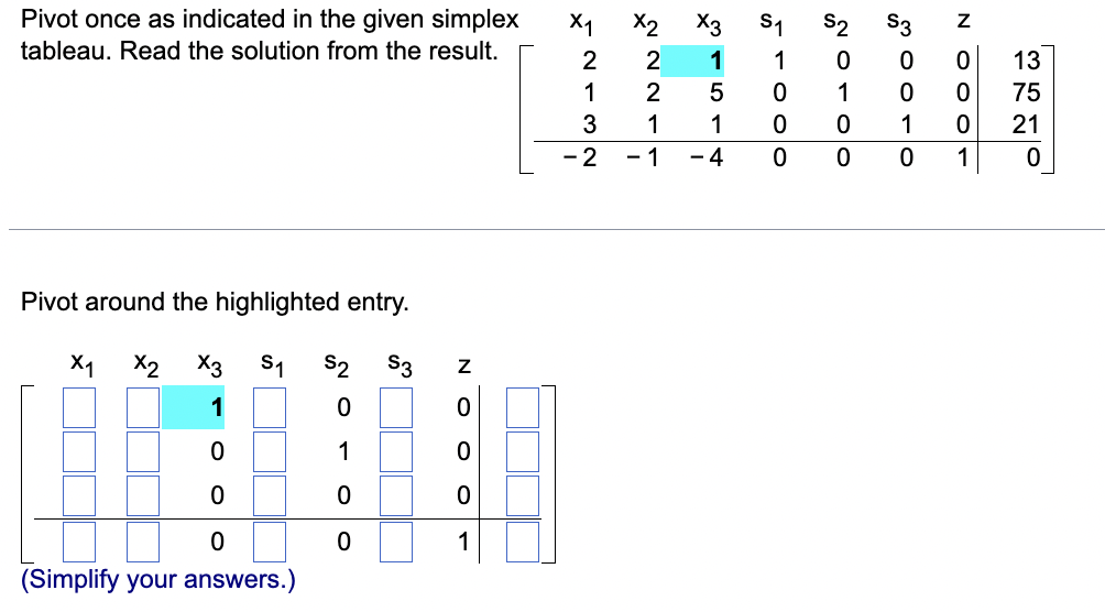 Solved Pivot Once As Indicated In The Given Simplex Tab 