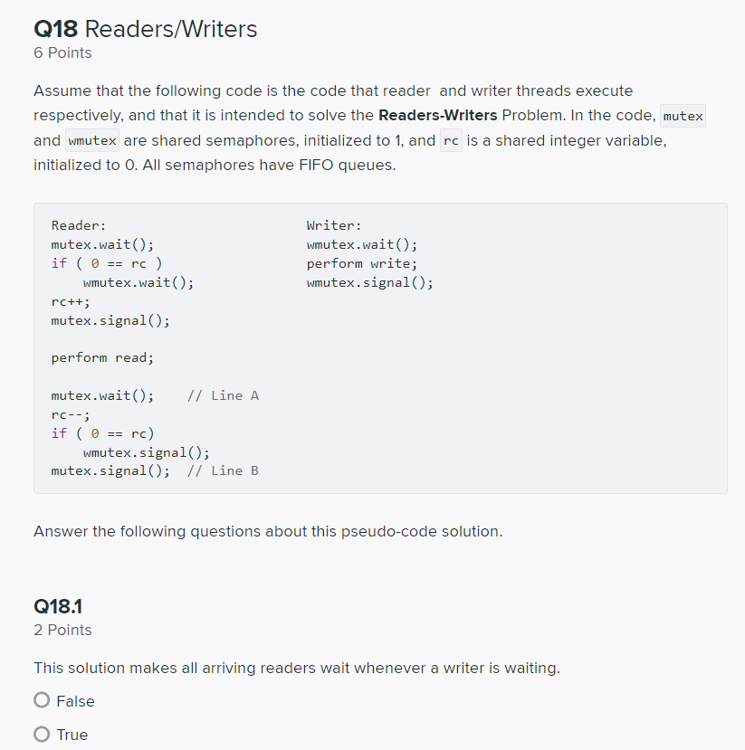 Solved Q18 Readers/Writers 6 Points Assume that the | Chegg.com