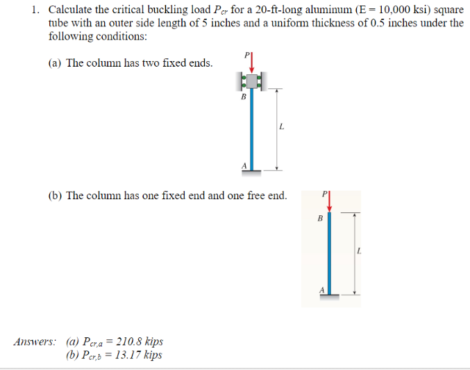 Solved 1. Calculate the critical buckling load Pcr for a | Chegg.com