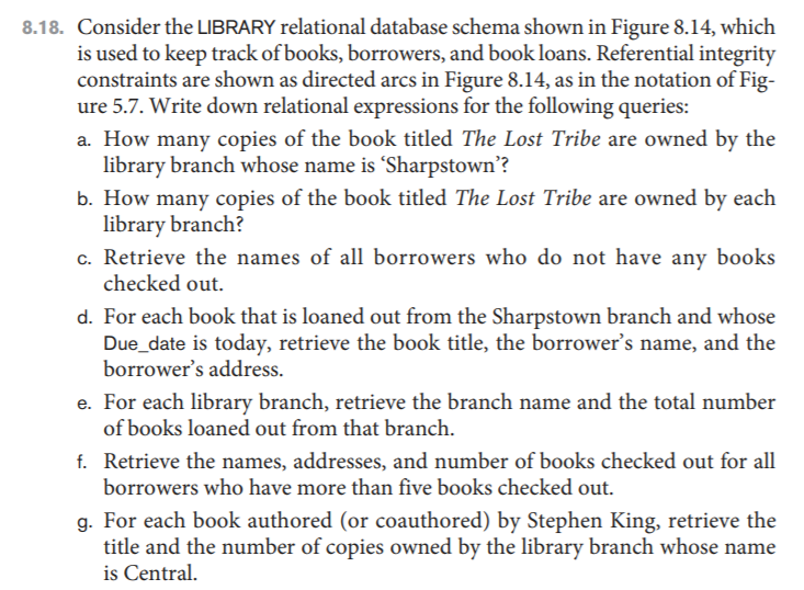 Solved 8.18. Consider the LIBRARY relational database schema | Chegg.com