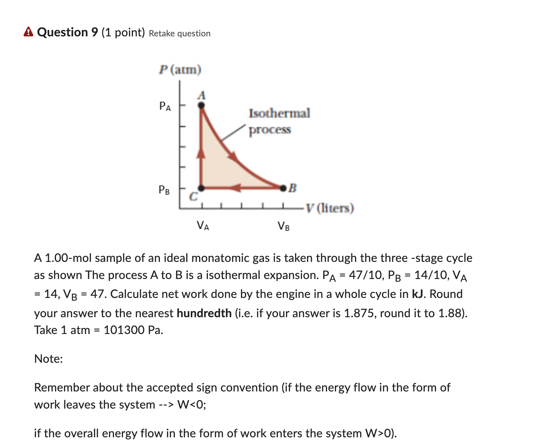 Solved A Question 9 (1 point) Retake question A 1.00-mol | Chegg.com